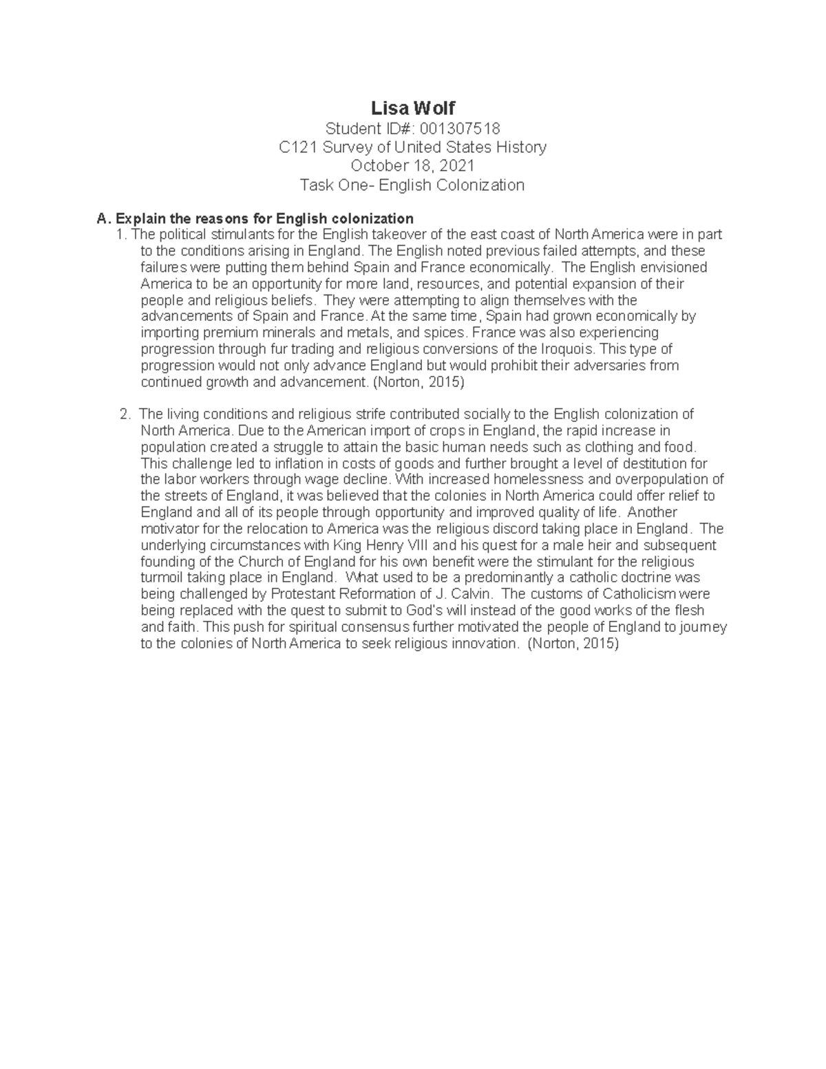 C121 Task 1: Analysis of English Colonization in America - Studocu