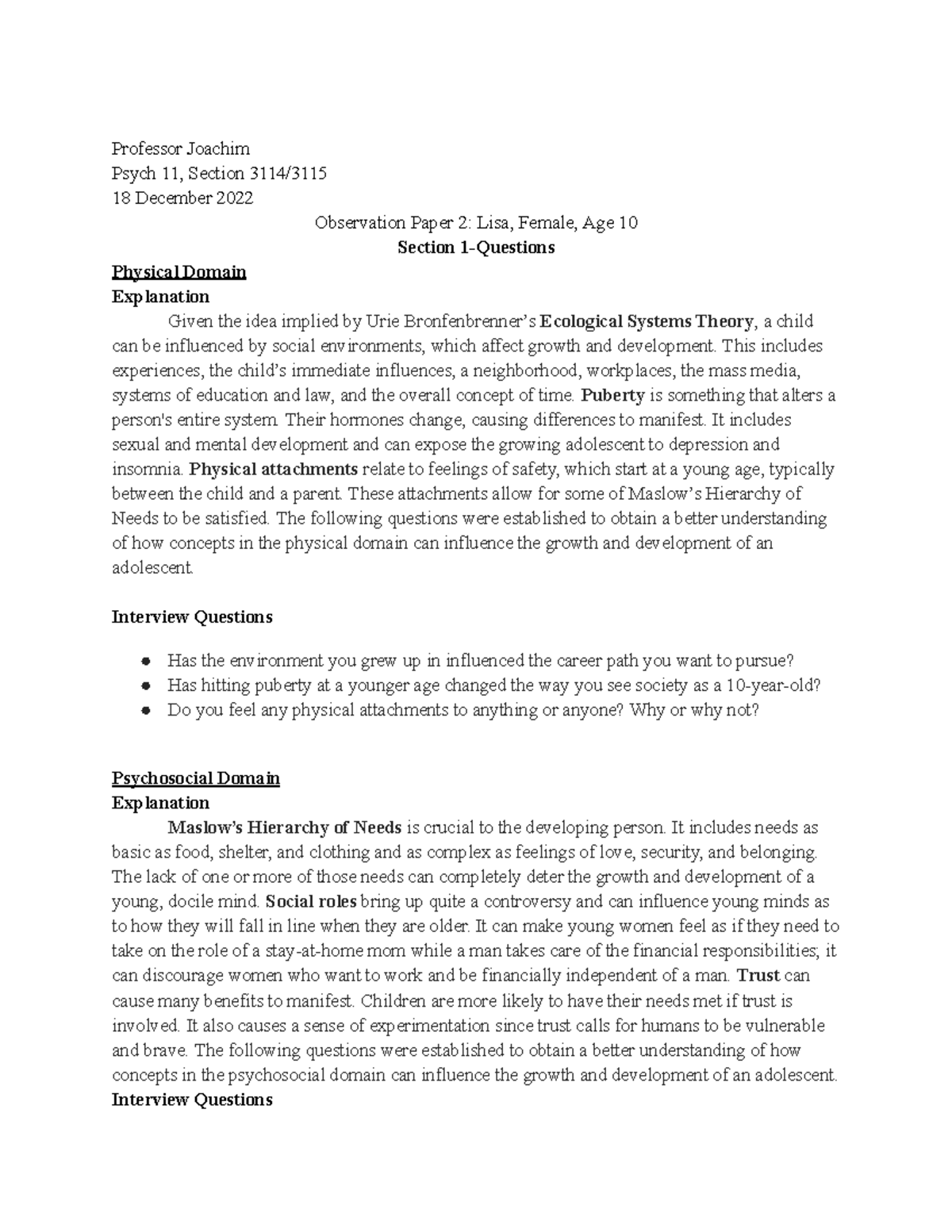 8.4 Observation Paper 2: Interviewing Middle Childhood Development ...