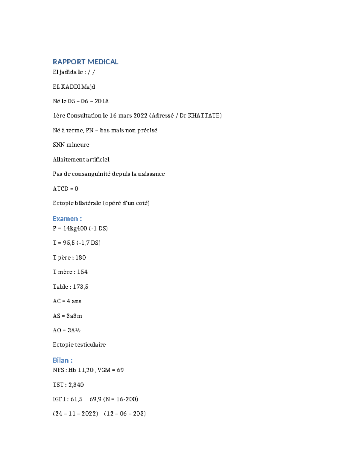 Rapport Médical - EL KADDI Majd - Consultation Initiale 2022 - Studocu