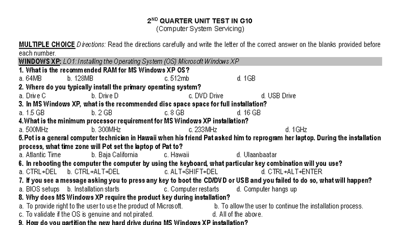 G10 UNIT TEST: 2ND Quarter on Operating Systems (Windows XP & 7) - Studocu