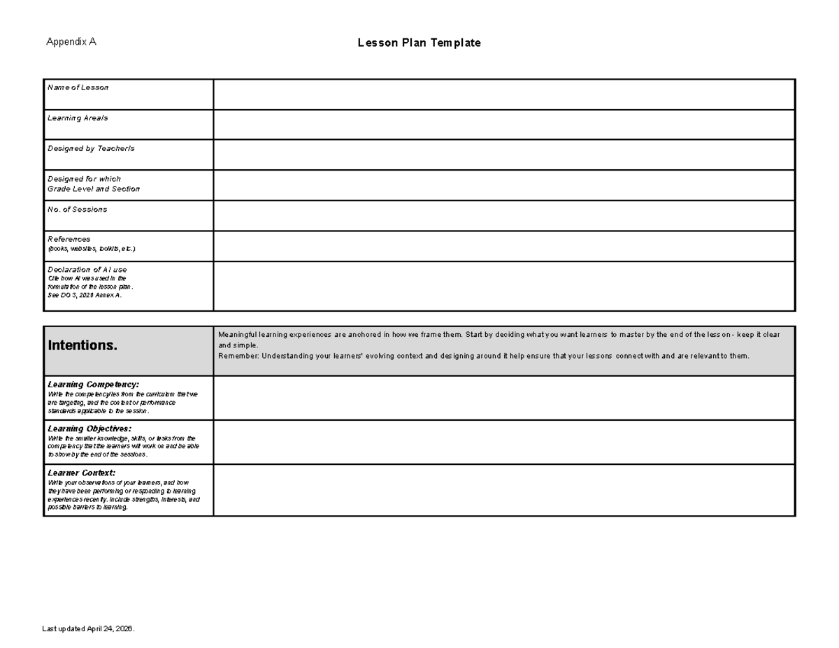 New Lesson Plan Template for Dep Ed 2026: Appendix A - Studocu