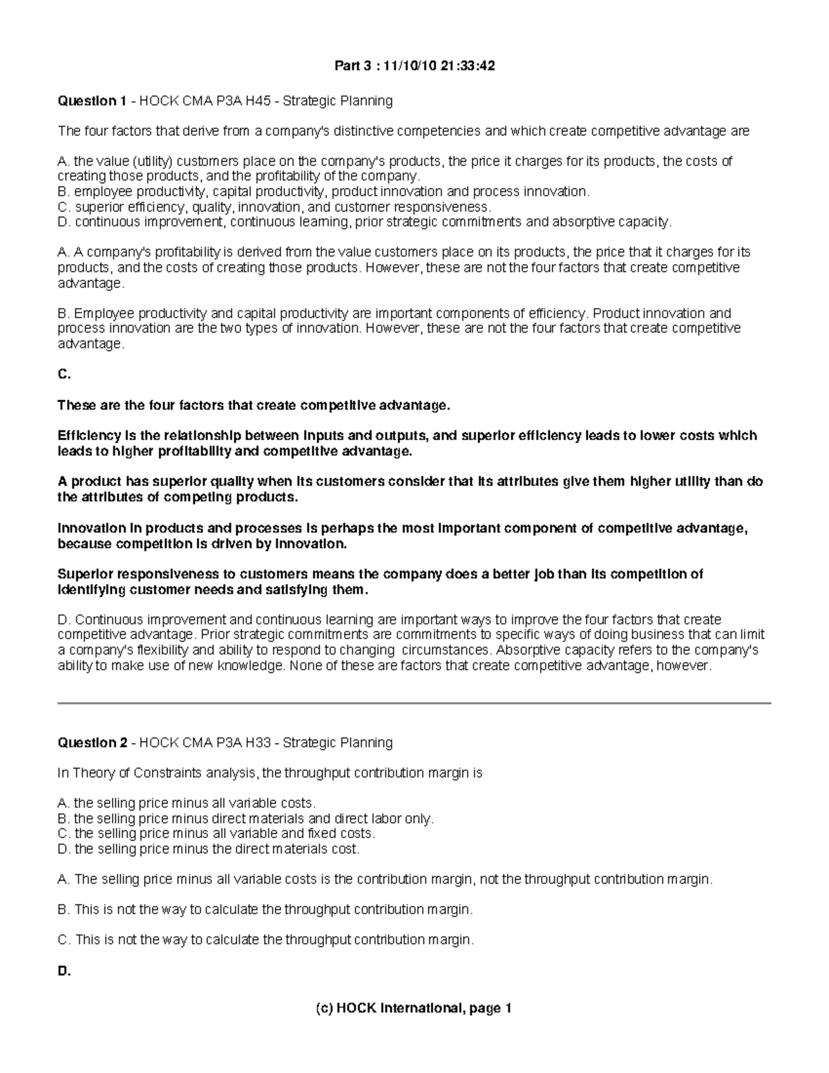 Hock CMA Questions - Question 1 - HOCK CMA P3A H45 - Strategic Planning ...