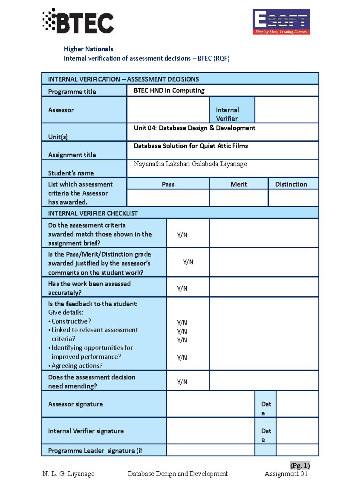 Unit 04 Database Design And Development Higher Nationals Internal Verification Of Assessment