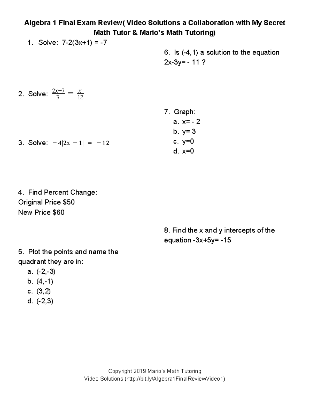 Algebra 1 Final Exam Review with Video Solutions: Comprehensive Guide ...
