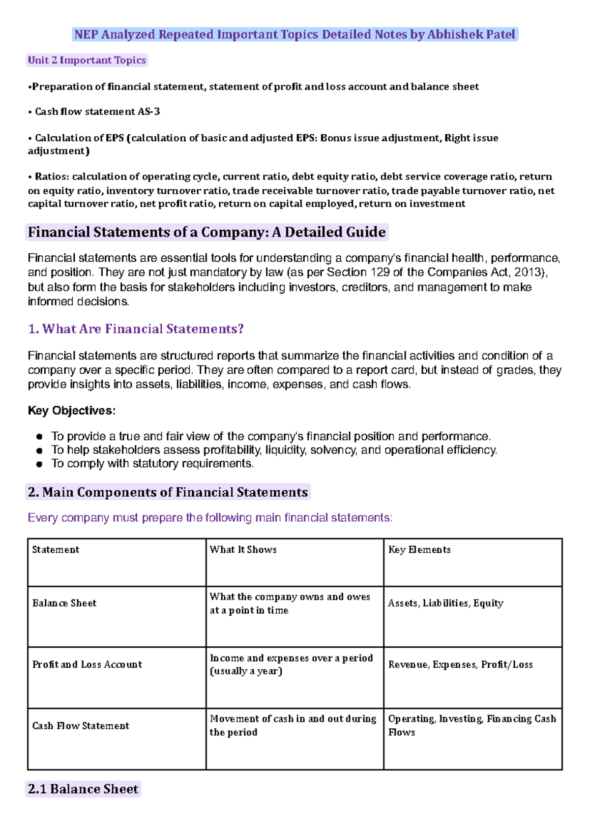 Corporate Accounting (ACC 101) Unit 2 Revision Notes: Key Financial ...