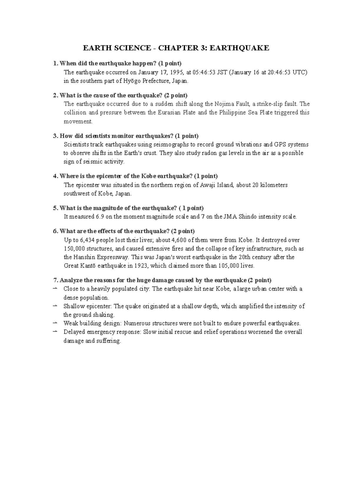 Earth Science CH 3: Analysis of the 1995 Kobe Earthquake - Studocu