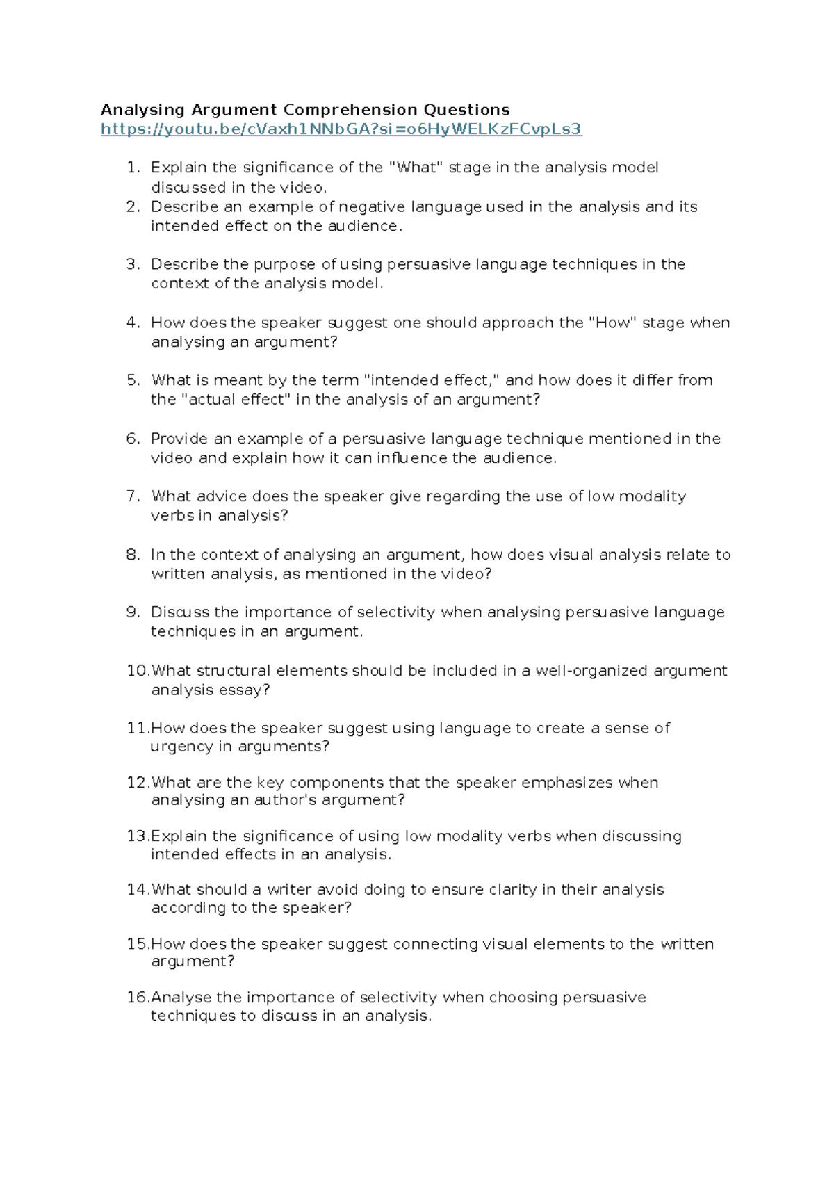 Analysing Argument Questions and Clip - Analysing Argument ...