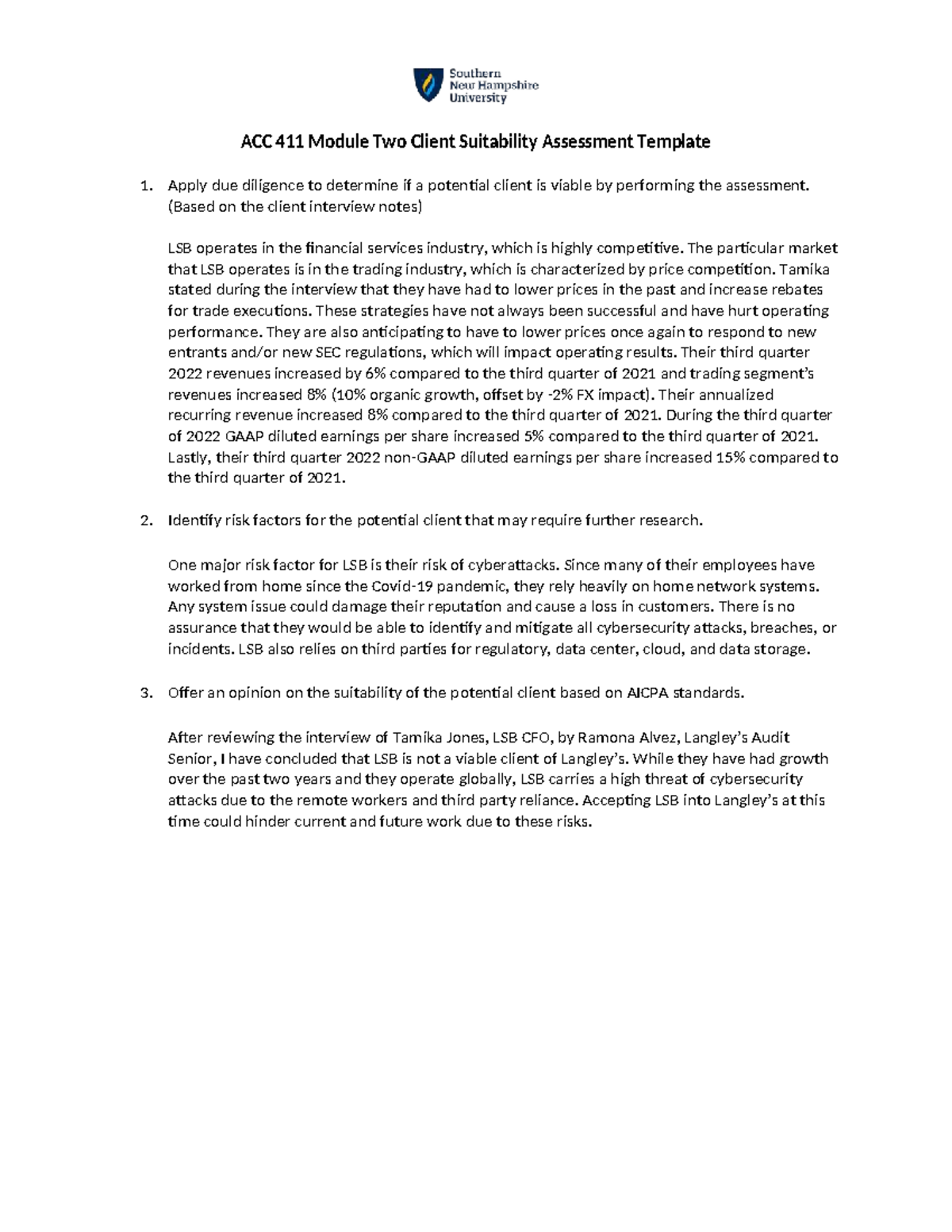 ACC 411 Client Suitability Assessment: LSB Risk Analysis & Viability ...
