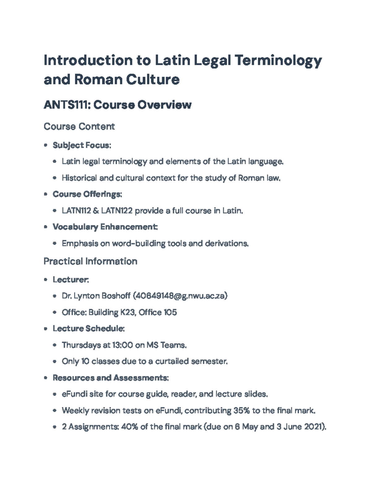 Introduction to Latin Legal Terminology: Course Overview for ANTS111 ...