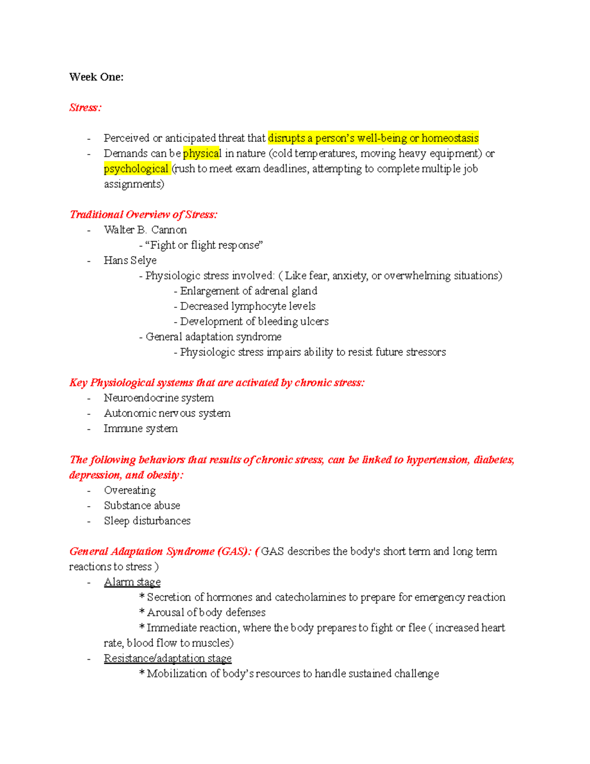 NURS 403 Notes - Week One: Stress: Perceived or anticipated threat that ...