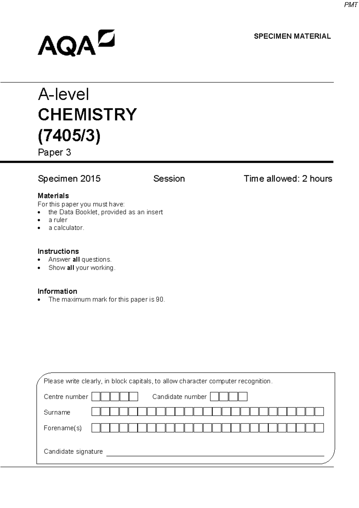 PMT Chemistry Paper 3 Specimen 2015 - Exam Questions and Answers - Studocu