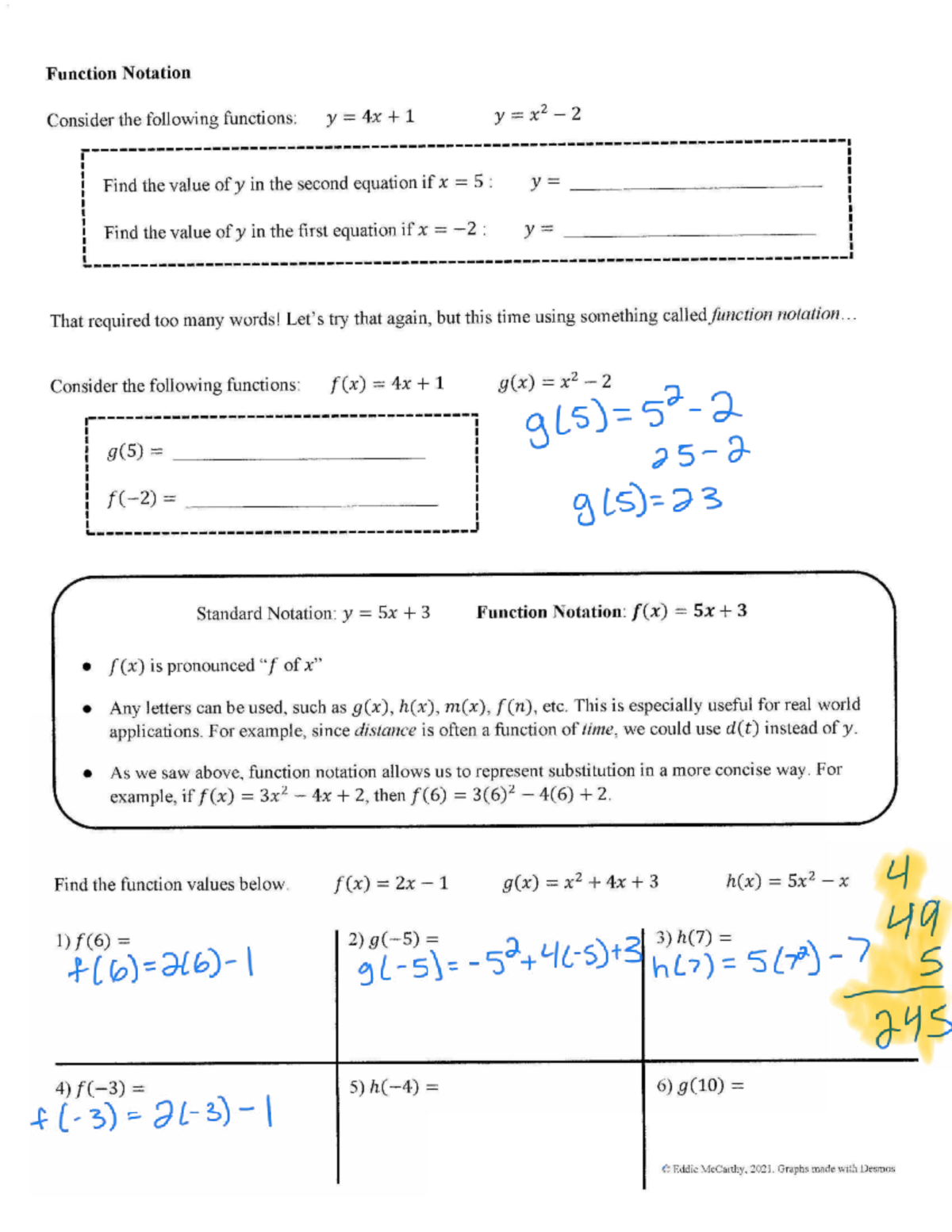 Pre Calc: Function Notation & Evaluating Functions Day 1 - Studocu