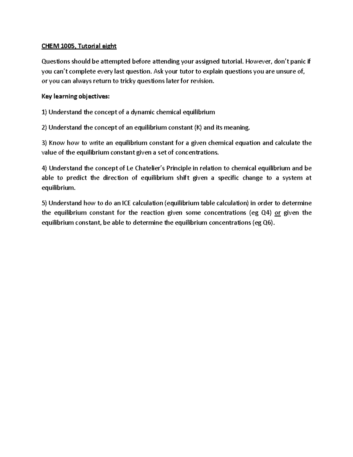 CHEM 1005, Tutorial 8: Dynamic Equilibrium Concepts and Questions - Studocu
