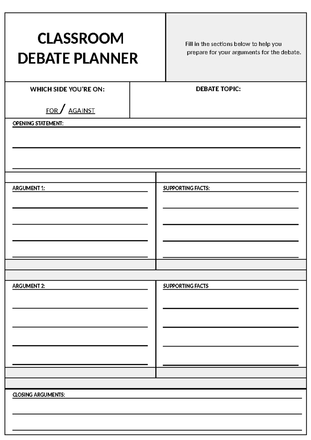 Debate-Worksheet New - wokrsheet - CLASSROOM DEBATE PLANNER Fill in the ...