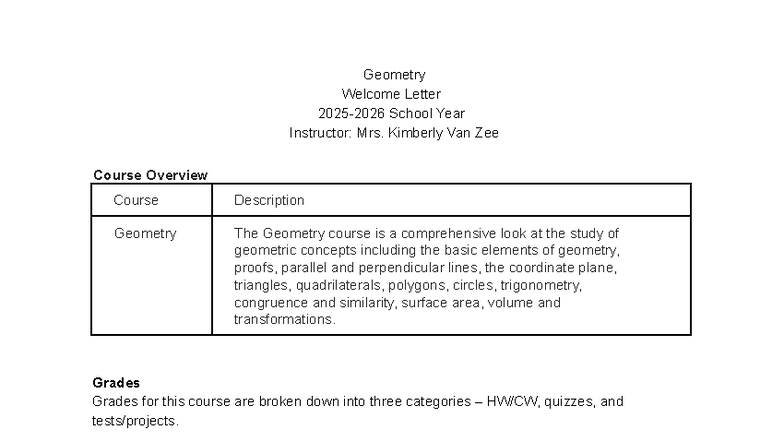 Geometry Syllabus 2025-2026: Welcome Letter & Course Overview - Studocu