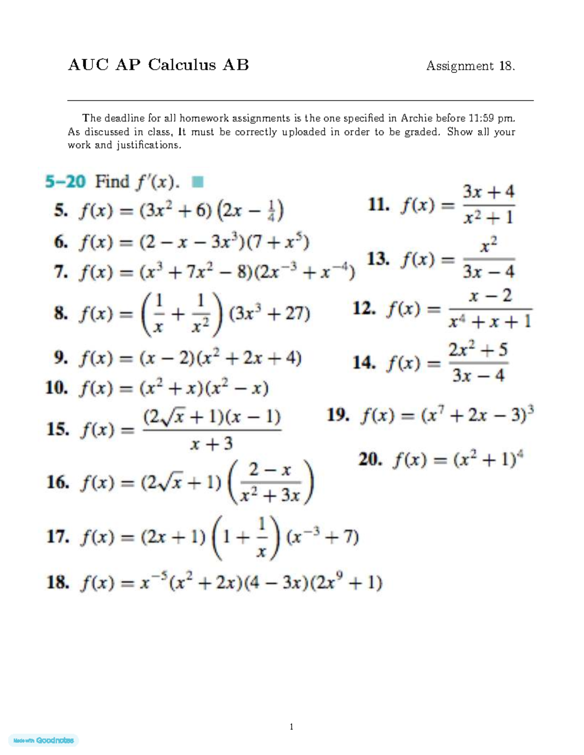 AUC AP Calculus AB Assignment 18 Guidelines and Submission Details ...