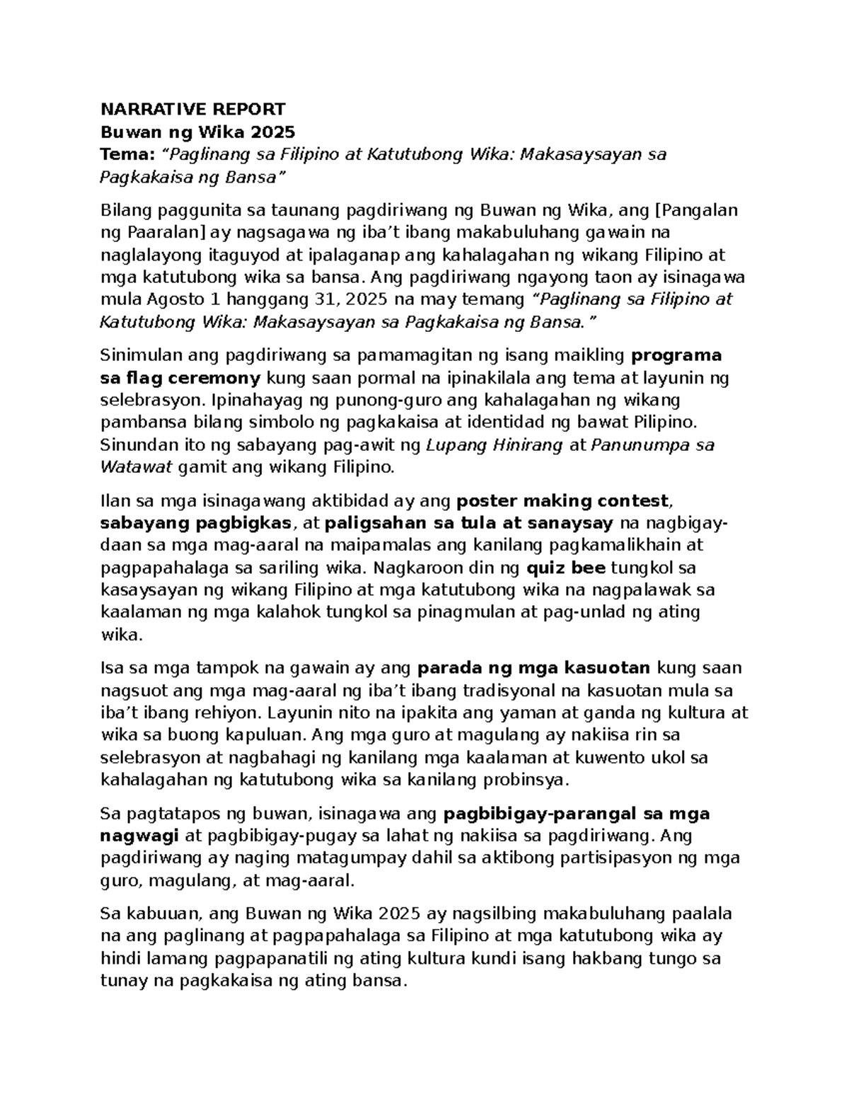 NARRATIVE REPORT Buwan ng Wika 2025: Tema sa Filipino at Katutubong ...