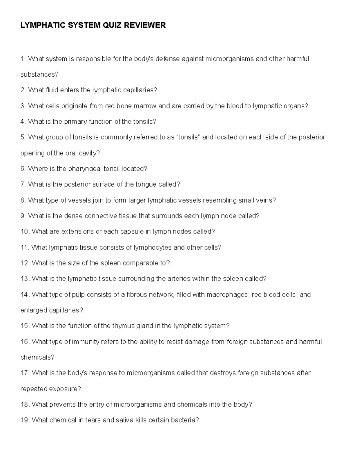 Lymphatic System Quiz Reviewer (Course Code: LFS 101) - Studocu