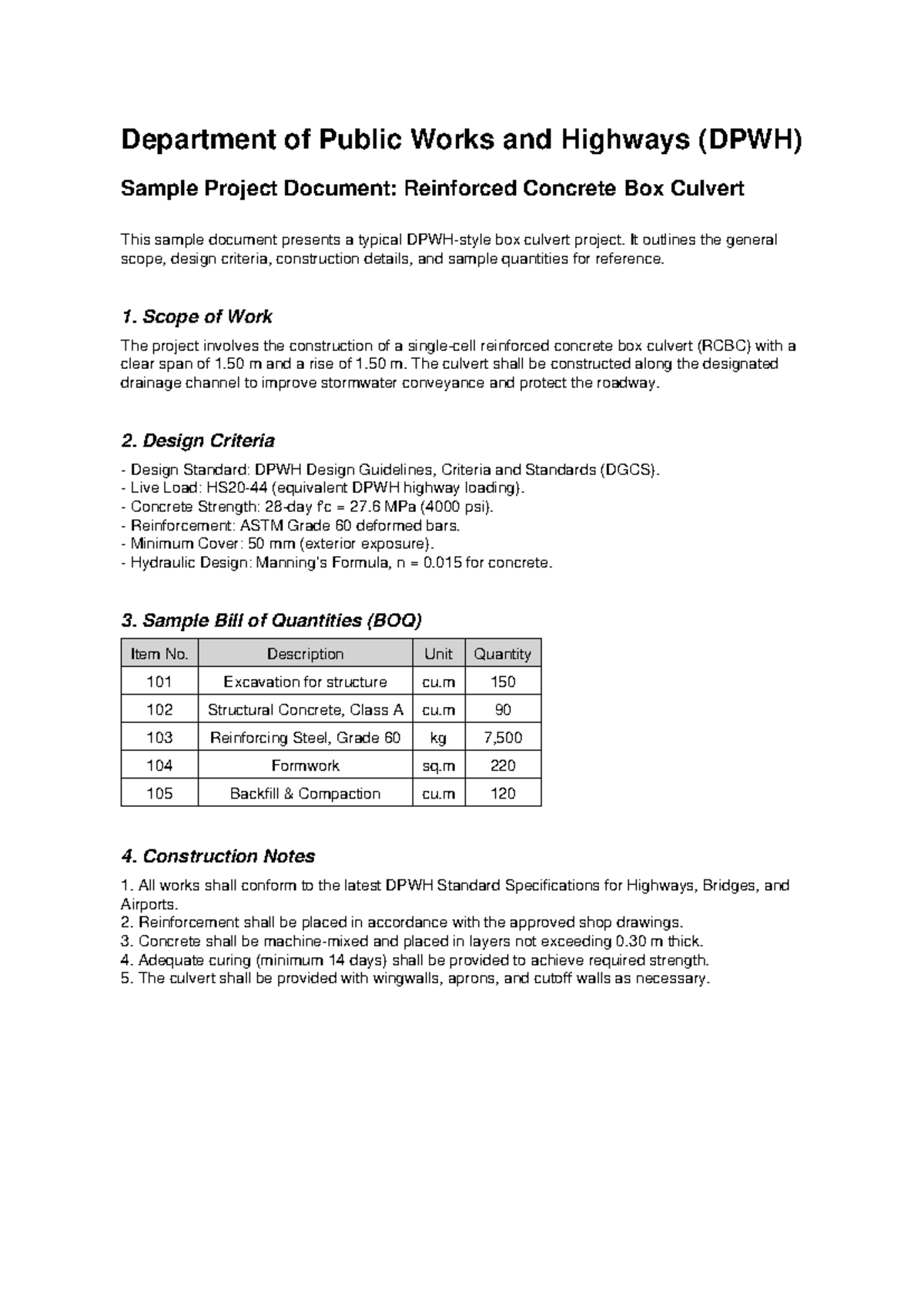 DPWH Sample Project: Reinforced Concrete Box Culvert Design - Studocu