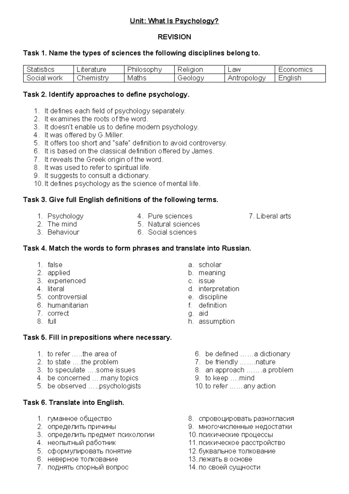 Unit 1: What Is Psychology? Revision Tasks 2025 - Studocu