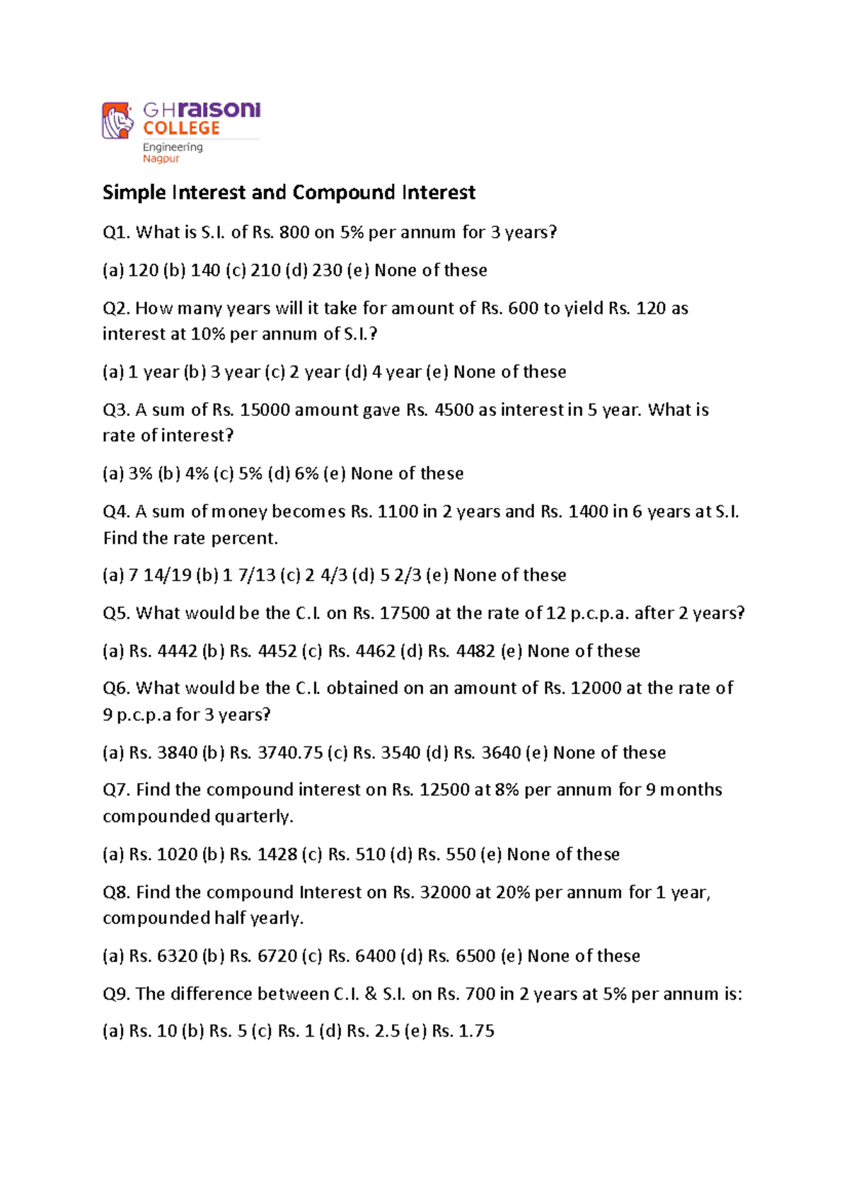 Simple Interest and Compound Interest Quiz Q1-Q9 - Studocu