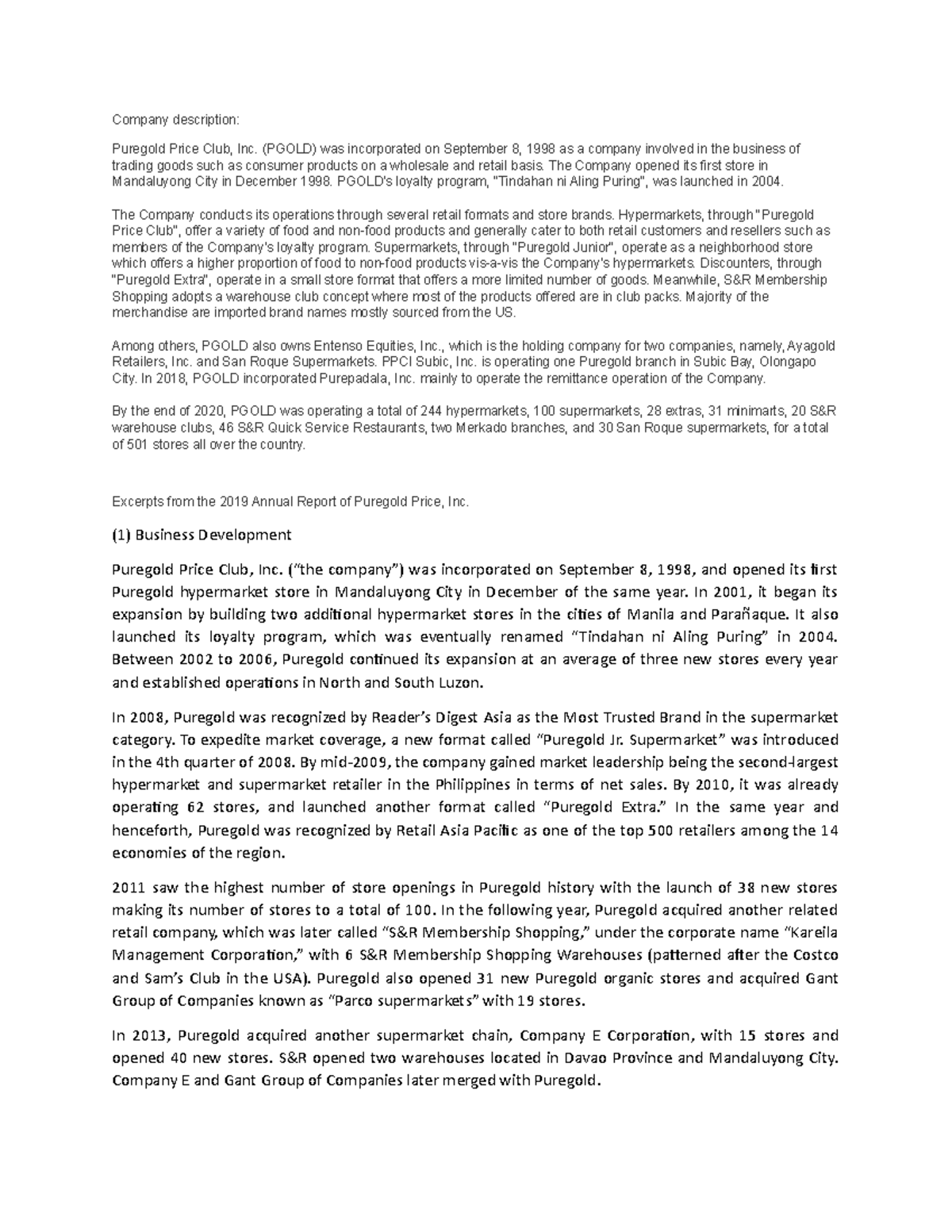PGOLD 2019 Annual Report: Business Overview & Expansion Insights - Studocu