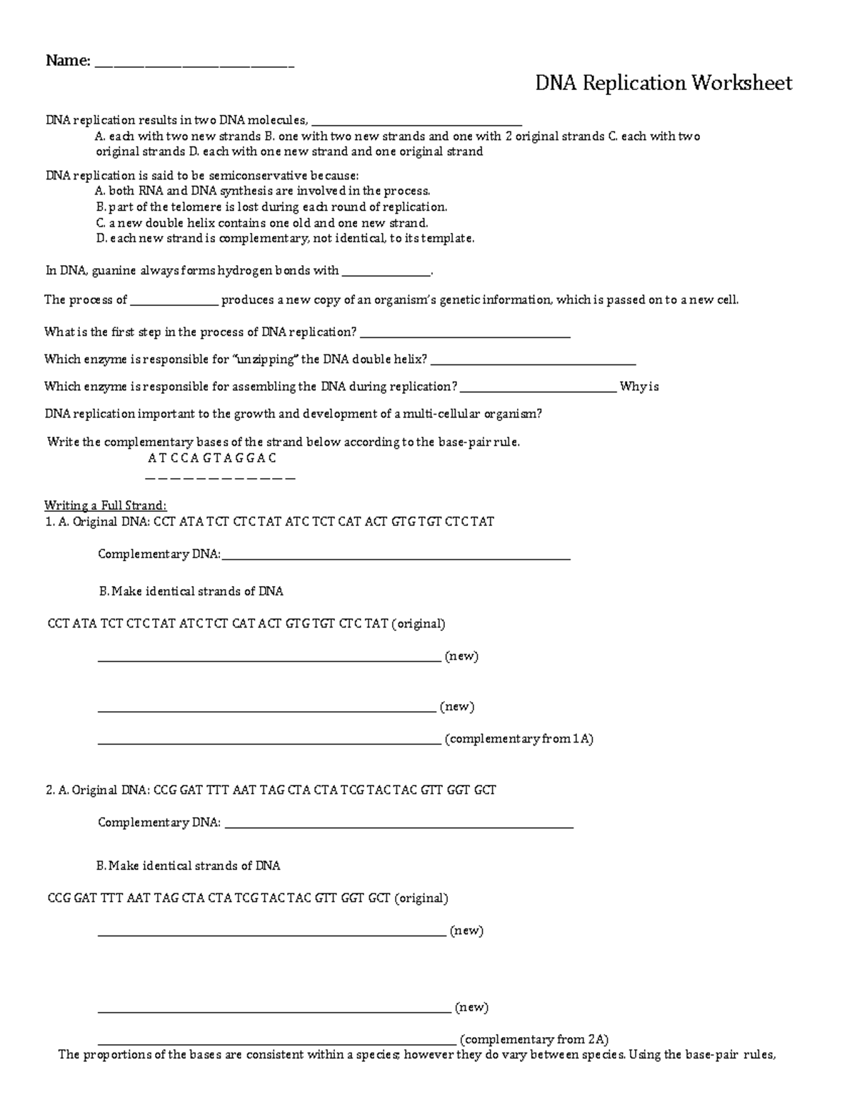 - DNA Replication Worksheet Practice with Chargaff Rule - Name