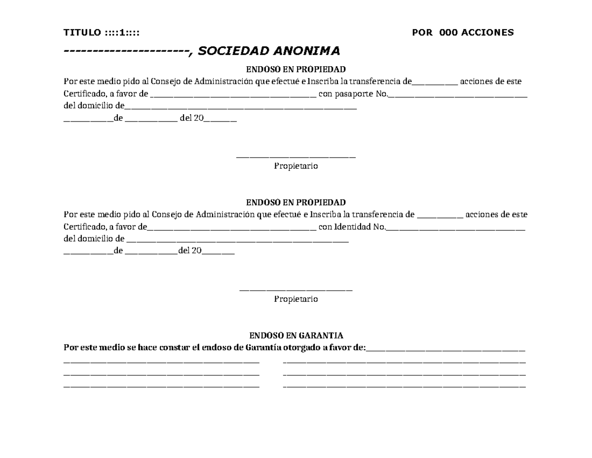 Formato Endoso de Acciones - Transferencia y Garantía - Studocu
