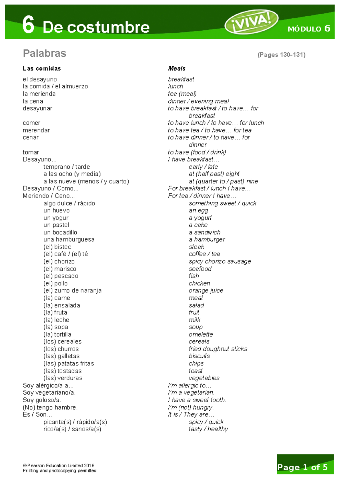 Viva GCSE Spanish Módulo 6: Vocabulary for Meals and Daily Routines ...