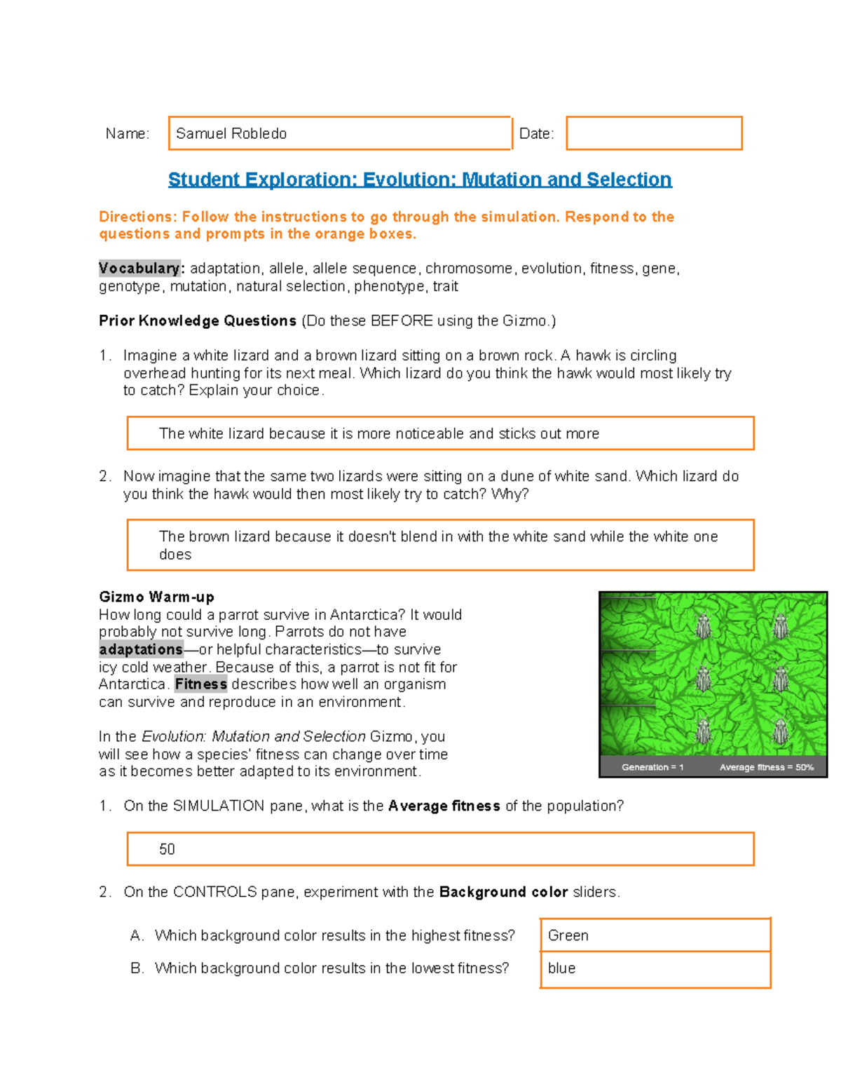 Answer Key: Evolution Mutation & Selection Student Exploration Guide ...