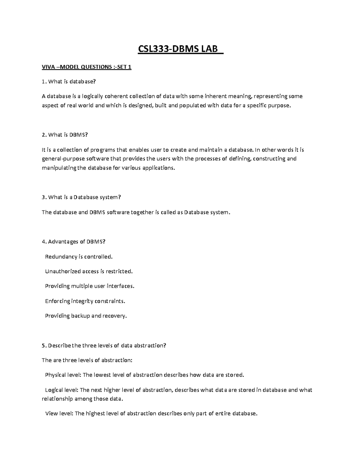 CSL 333-DBMS LAB VIVA Model Questions - Set 1 - Studocu