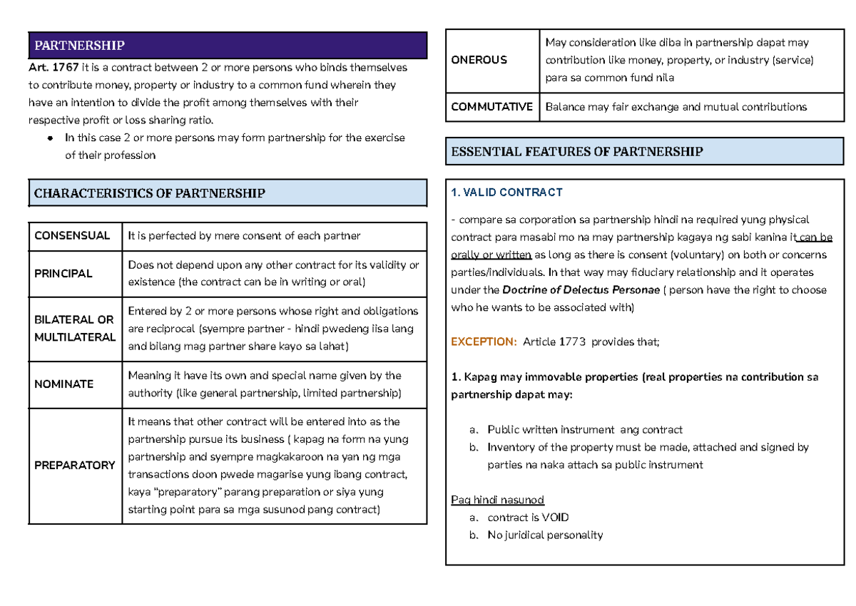 Business Law (Partnership) Reviewer: Key Concepts & Characteristics ...
