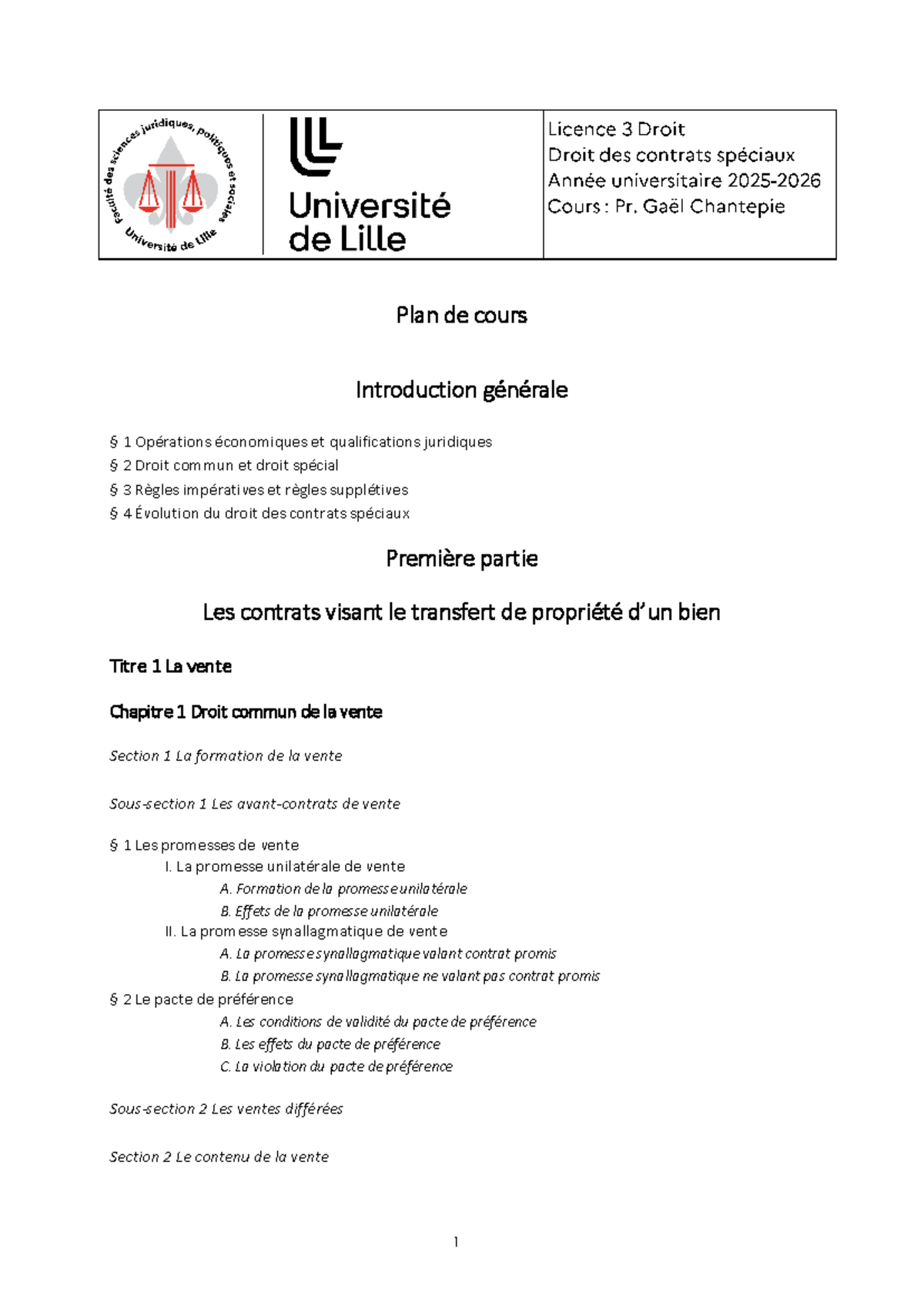 Plan de cours 2025-2026 : Droit des contrats spéciaux et ventes - Studocu