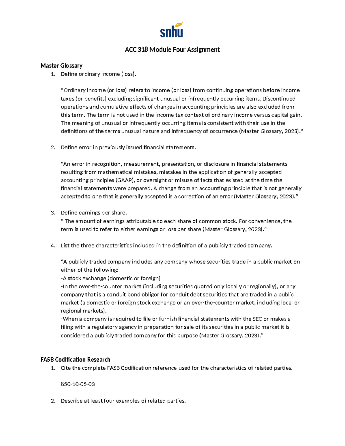 ACC 318 Module 4 Assignment: Key Concepts and FASB Codification ...