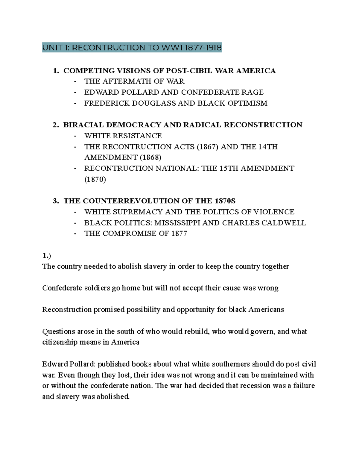 Modern U.S. History Notes: Reconstruction to WWI Overview (HIST 101 ...