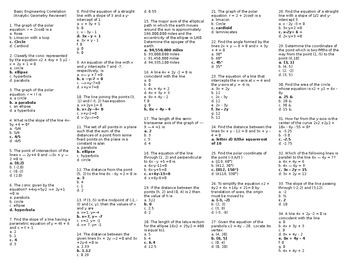 Analytic Geometry QA Part 2 - Basic Engineering Correlation (Analytic Geometry Reviewer) The ...