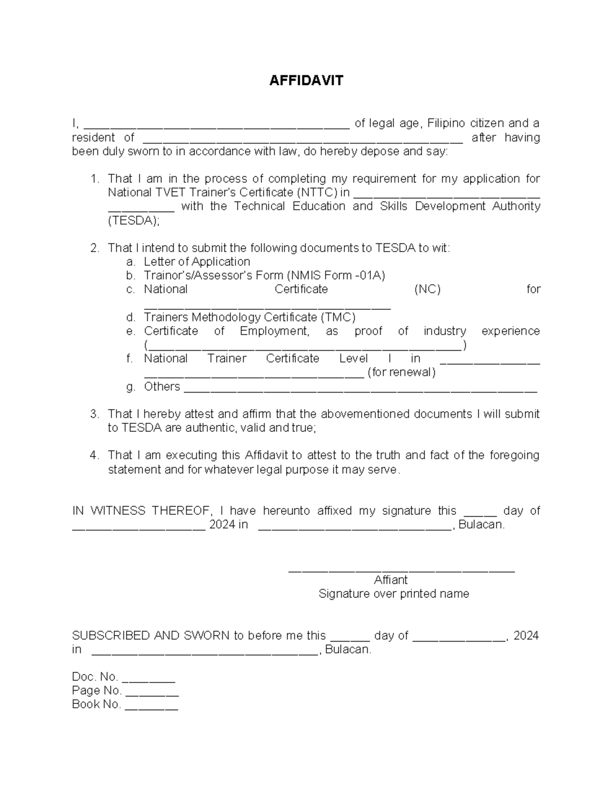 TESDA NTTC Affidavit for Basic Competency Module Submission - Studocu