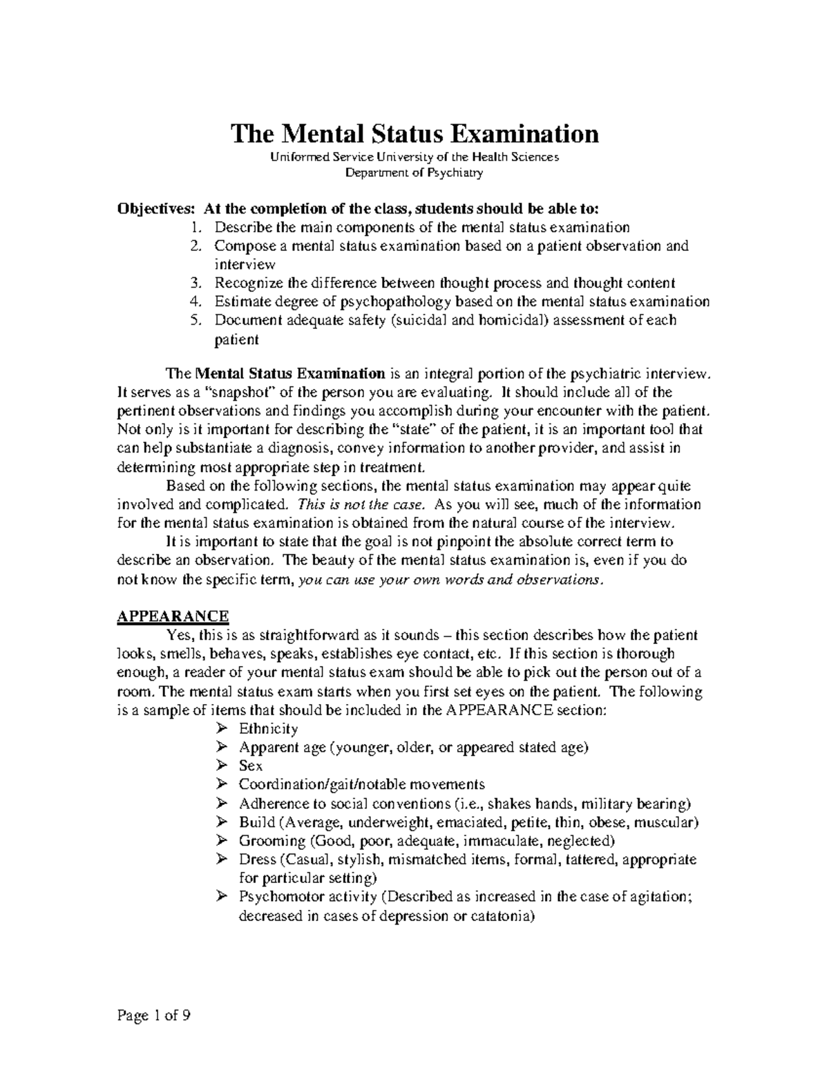 Mental Status Exam (MSE) Tips for Psychiatry Students - Studocu