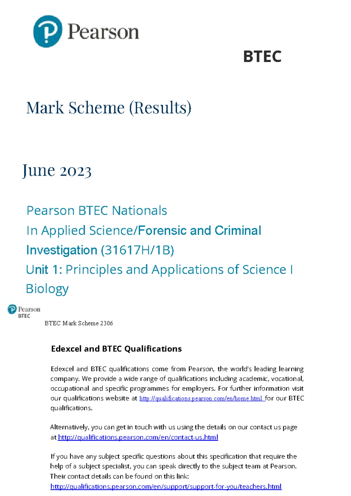 BTEC Applied Science Unit 1 Jan 2023 Mark Scheme Insights - Studocu