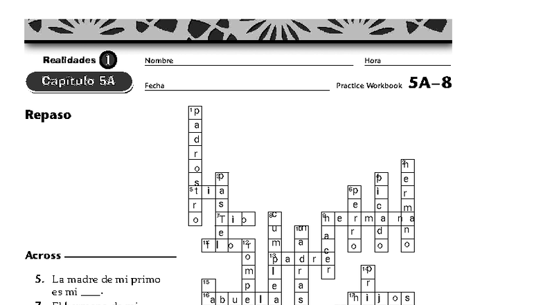 Realidades 1: Chapter 5A Workbook Crossword Practice - Studocu