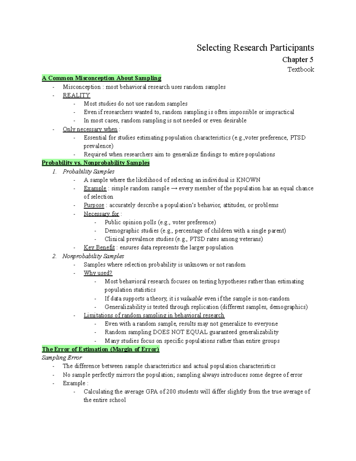 Chapter 5: Research Participant Selection in Behavioral Studies - Studocu