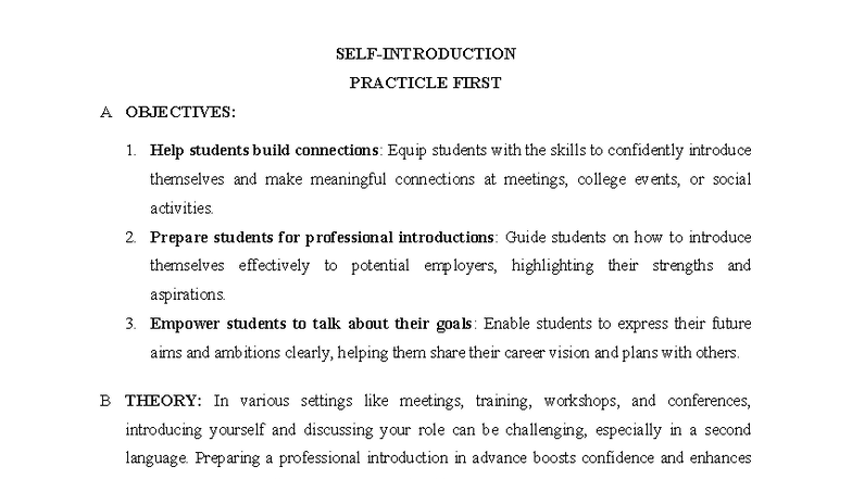 PRACTICAL SELF INTRODUCTION GUIDELINES: BUILDING CONNECTIONS - Studocu