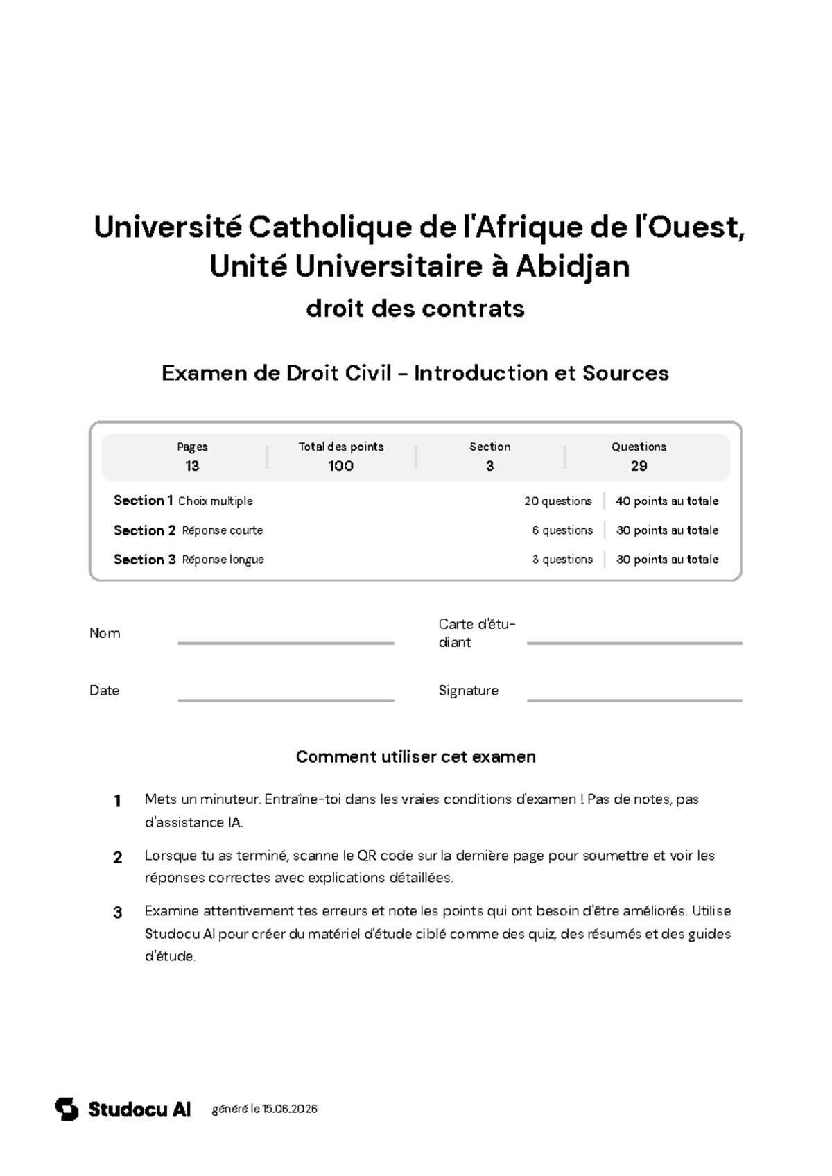 Examen de Droit Civil - Introduction et Sources - Studocu