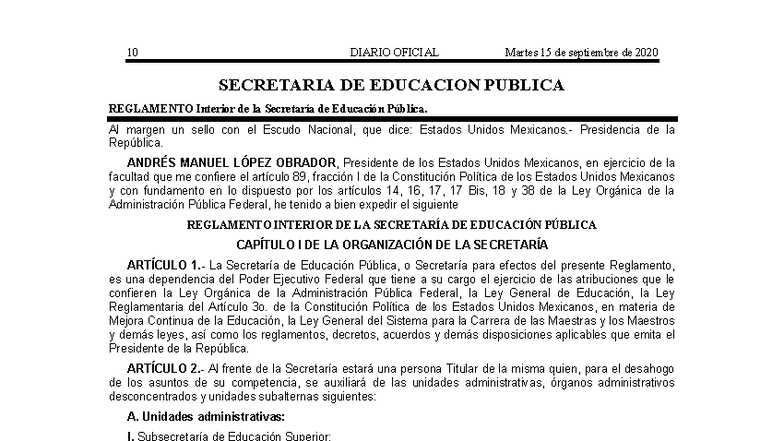 Reglamento Interno de la SEP - Diario Oficial 15/09/2020 - Studocu