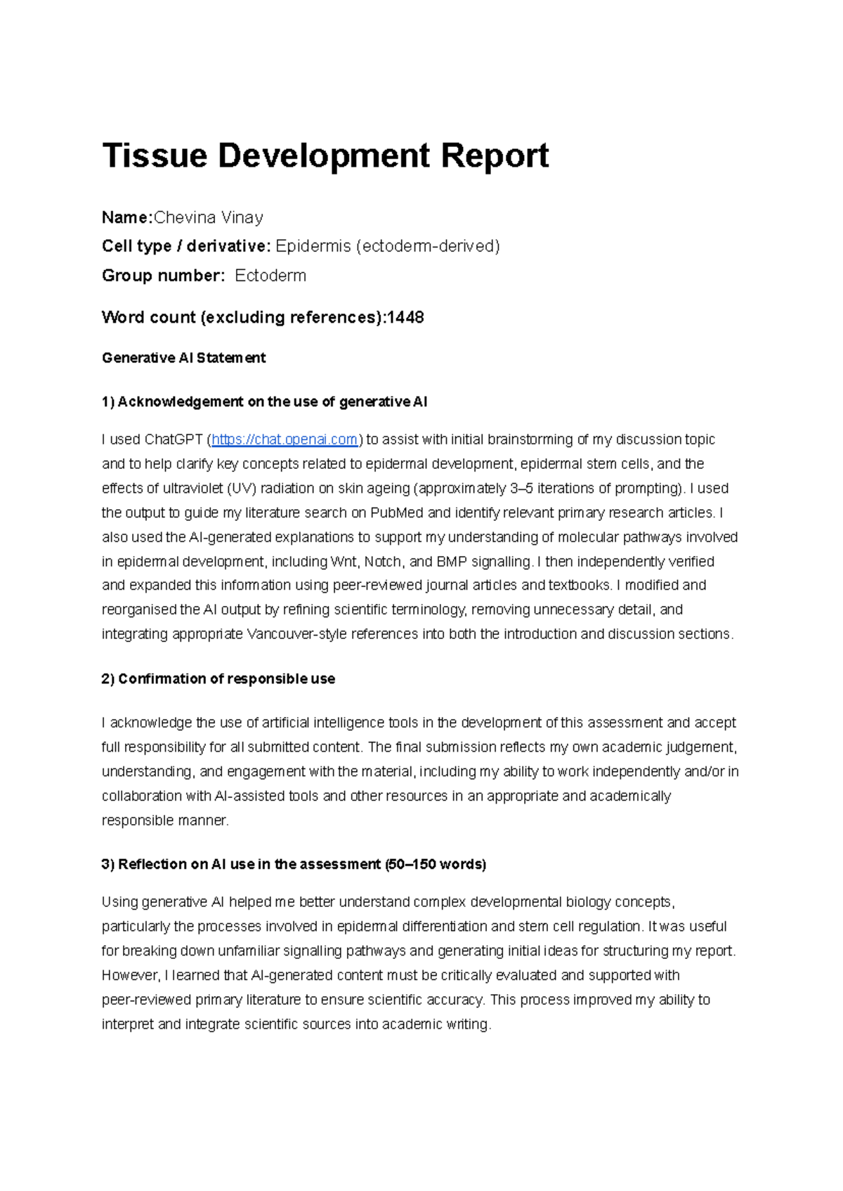 Tissue Development Report: Epidermis and UV Radiation Effects (BIO312 ...
