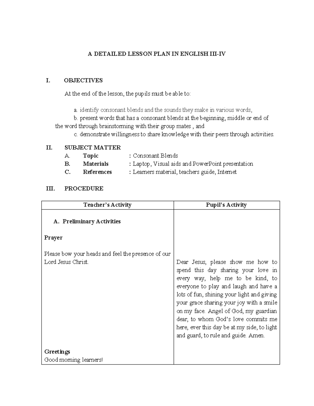 Detailed Lesson Plan for English III-IV: Consonant Blends - Studocu