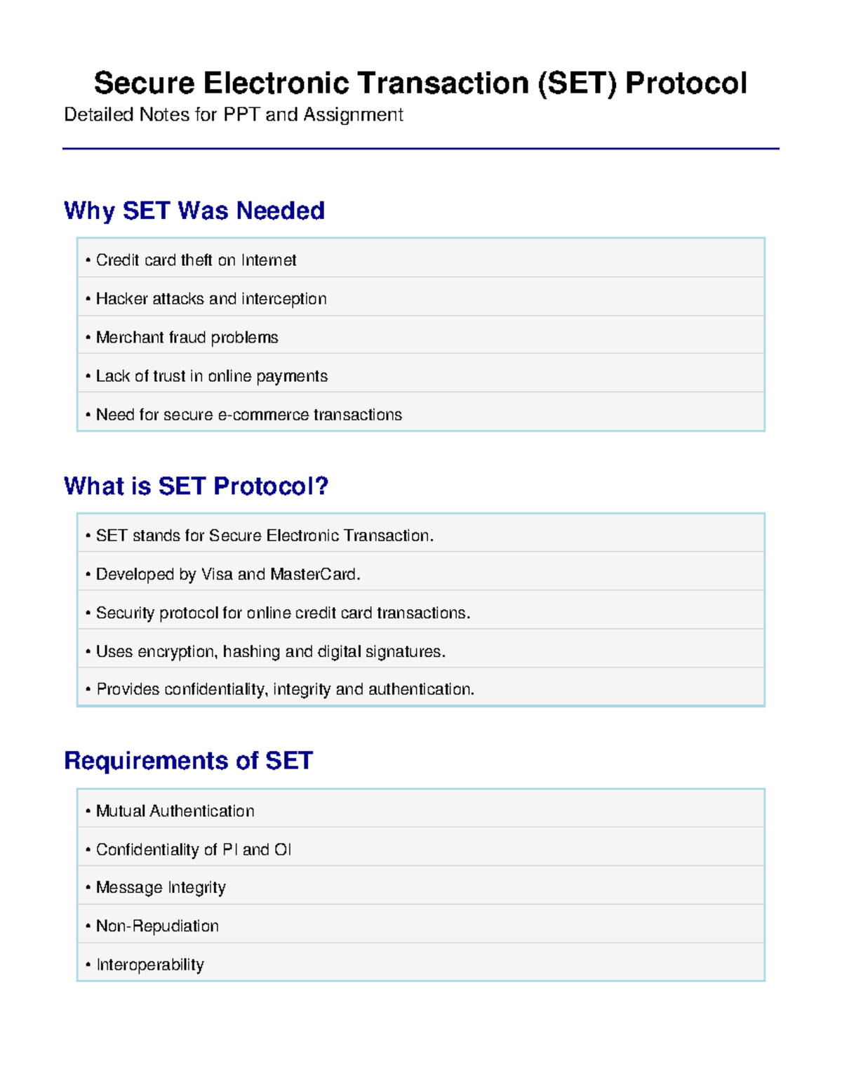SET Protocol (Secure Electronic Transaction) Professional Notes - Studocu
