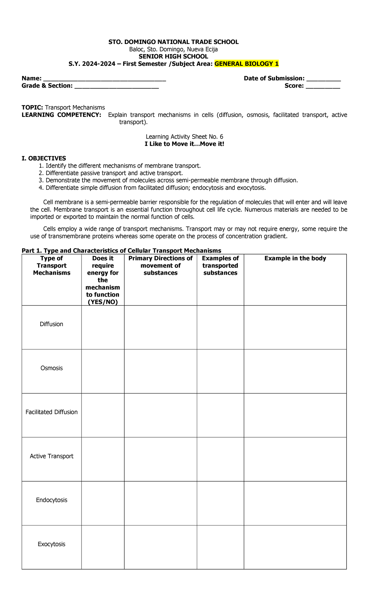 Performance Task: Transport Mechanisms in Cells (General Biology 1 ...
