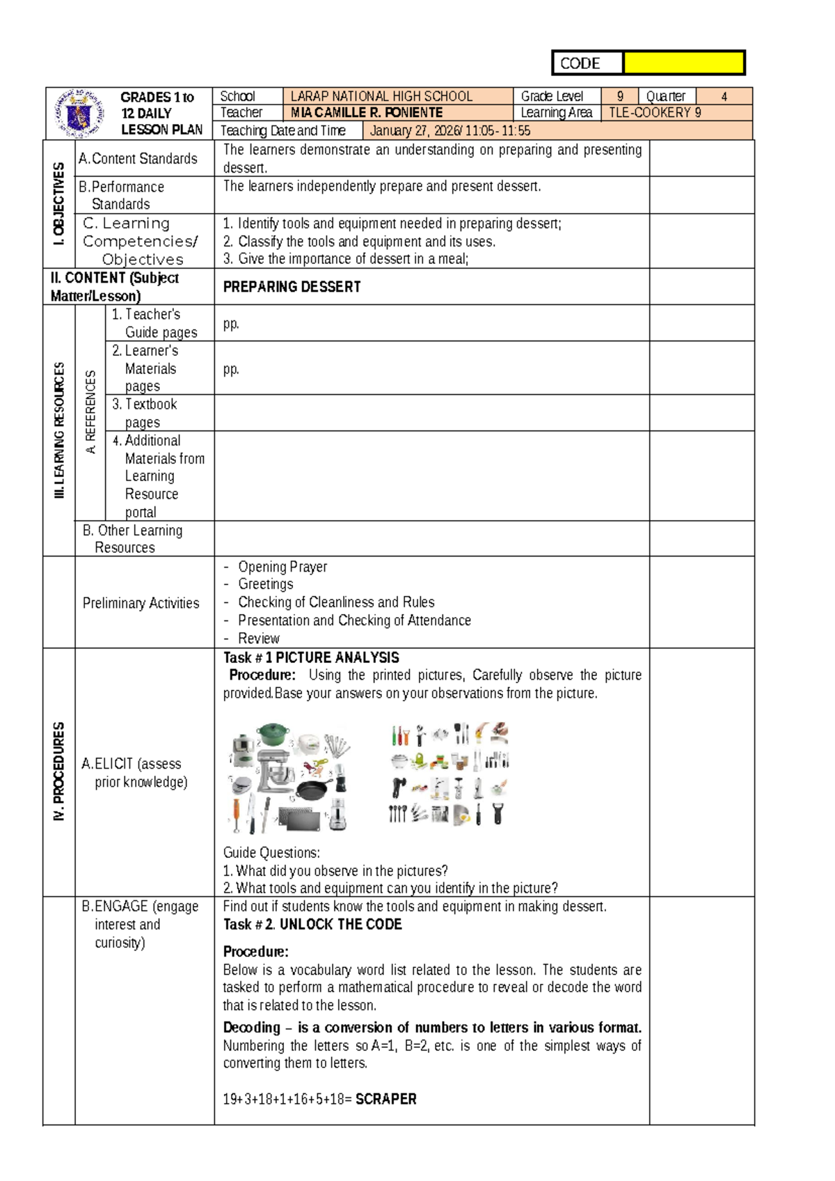 DLP Cookery 9: Daily Lesson Plan for Preparing Desserts - Studocu