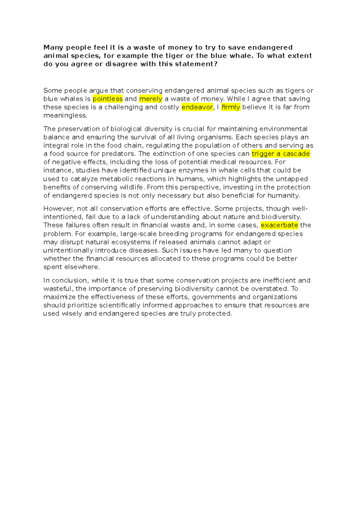 ENG 101: Essay on the Importance of Conserving Endangered Species - Studocu